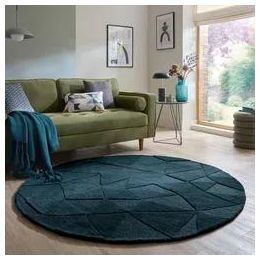 Teppich FLAIR RUGS "SHARD", blau (petrol), B:160cm H:10mm L:160cm, Wolle, Teppiche, Teppich, Hoch-Tief Effekt, Handgearbeitet