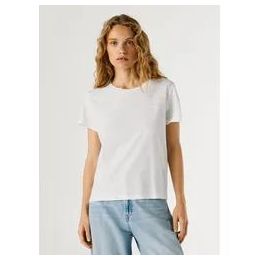 T-Shirt Pepe Jeans "MEGAN", Damen, Gr. S, wei&szlig;, Leinenmischung, Obermaterial: 50% Baumwolle, 50% Leinen, unifarben, Basic h&uuml;ftlang, Rundhals, abgesteppte Kante, Shirts T-Shirt, mit Leinenanteil, Logostickerei auf der Brust