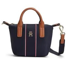 Tragetasche Tommy Hilfiger "POPETTE MICRO TOTE CORP", Damen, Gr. B/H/T: 27cm x 16cm x 8cm, dunkelblau, Leder, Nylon, Taschen, Damen Handtasche, Umh&auml;ngetasche, Schultertasche mit TH-Schmuckelement