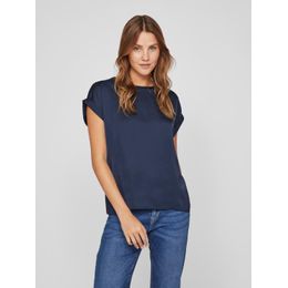 Kurzarmshirt Vila "VIELLETTE S/S SATIN TOP - NOOS", Damen, Gr. 40L, blau (navy blazer), Satin, Obermaterial: 100% Polyester, unifarben, regular fit normal, Rundhals, mit Umschlag, Shirts Kurzarmshirt, Kunstfaser, regular fit