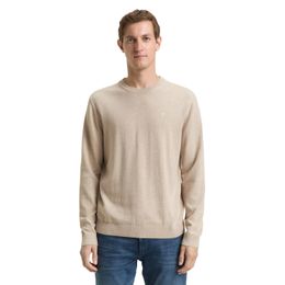 Rundhalspullover Tom Tailor, Herren, Gr. S, cashew beige melange, Strick, Obermaterial: 100% Baumwolle, meliert, regular fit h&uuml;ftbedeckend, Rundhals, B&uuml;ndchen, Pullover Rundhalspullover, mit Logostickerei