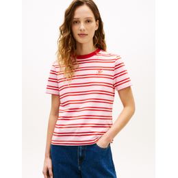 Kurzarmshirt Tommy Hilfiger "TH SCRIPT REGULAR C-NECK SHORT SLEEVE TEE", Damen, Gr. L (42/44), preppy stripe pink fireworks, Single Jersey, Obermaterial: 95% Baumwolle, 5% Elasthan, gestreift, gerade normal, Rundhals, abgesteppte Kante, Shirts Kurzarmshirt