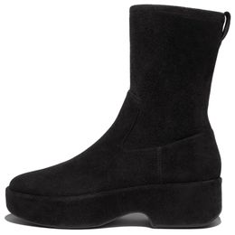 Plateaustiefelette fitflop "F-LUMA", Damen, Gr. 38, schwarz, Veloursleder, unifarben, Schuhe Plateaustiefelette, Stiefel, Chunky Boot mit Stretch-Schaft