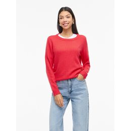 Rundhalspullover Vila "VIRIL O-NECK L/S KNIT TOP - NOOS", Damen, Gr. S, hibiscus detail:schwarz melange, Feinstrick, Obermaterial: 50% Viskose, 27% Nylon, 23% Polyester, meliert, regular fit normal, Rundhals, Rippb&uuml;ndchen, Pullover Rundhalspullover, Viskosemischung, regular fit