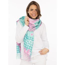 Schal Zwillingsherz "Printclash Smile", Damen, t&uuml;rkis, Web, Obermaterial: 100% Polyester, Modet&uuml;cher Schal, mit Fransen, Mustermix und Schriftzug