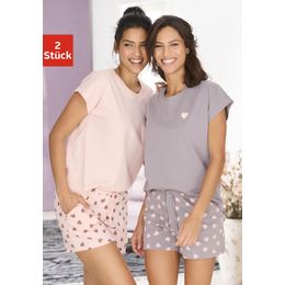 Pyjama Vivance Dreams, Damen, Gr. 40/42, taupe, rosa, Single Jersey, Obermaterial: 100% Baumwolle, gemustert, Basic, Basic kurz, Rundhals, Homewear-Sets Pyjama, mit s&uuml;&szlig;em Herzmuster, Topseller