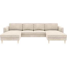 Wohnlandschaft Home Affaire "Booster, whlw. mit Schlaffunktion & Bettkasten, Fu&szlig; Buche lackiert", cream, B:305cm H:83cm T:161cm, 92% Polyester, 8% Polyamid, Sofas, Wohnlandschaft, Sofa in U-Form, Breite 305 cm, in Cord oder Struktur