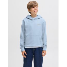 Jack & Jones Kapuzensweatshirt JACK & JONES JUNIOR "JJEBRANDES BACKP RELAXED SWEAT H SN JNR", Jungen, Gr. 140, blau (chambray blau), angeraute Sweatware, Obermaterial: 60% Baumwolle, 40% Polyester, bedruckt, relaxed fit normal, Rundhals, Rippb&uuml;ndchen, Sweatshirts Kapuzensweatshirt, Baumwollmischung, relaxed fit