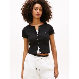 Kurzarmshirt Tommy Jeans "TJW SS RIB TOP IM", Damen, Gr. L (40), schwarz, Rippware, Obermaterial: 95% Baumwolle, 5% Elasthan, unifarben, figurbetont normal, Rundhals, gewellter Abschluss, Shirts Kurzarmshirt, mit gerippter Struktur, Slim Fit