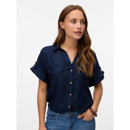 V&eacute;ro Moda Kurzarmbluse VERO MODA "VMBUMPY S/S SHIRT WVN GA NOOS", Damen, Gr. M, navy blazer, Web, Obermaterial: 100% Viskose, unifarben, regular fit normal, V-Ausschnitt, mit Aufschlag, Blusen Kurzarmbluse, Viskose, regular fit