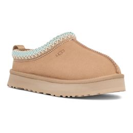 UGG Australia Pantoffel UGG "K TAZZ", M&auml;dchen, Gr. 5 (37), beige (sand), Textil, Veloursleder, ethno, Schuhe Pantoffel, Plateau Clog, Mule, Hausschuh mit modischer Zierborte