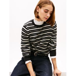 Rundhalspullover Tommy Hilfiger "CO CABLE C-NK LS SWEATER", Damen, Gr. M (38), schwarz, calico multi stp, Strick, Obermaterial: 100% Baumwolle, gestreift, regular fit h&uuml;ftlang, Rundhals, Rippstrickb&uuml;ndchen, Pullover Rundhalspullover, Baumwolle, mit Zopfmuster, Regular Fit