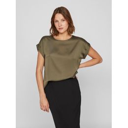 Kurzarmshirt Vila "VIELLETTE S/S SATIN TOP - NOOS", Damen, Gr. 38, gr&uuml;n (dusty olive), Satin, Obermaterial: 100% Polyester, unifarben, regular fit normal, Rundhals, mit Umschlag, Shirts Kurzarmshirt, Kunstfaser, regular fit