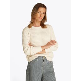 Rundhalspullover Tommy Hilfiger "CO CABLE C-NK LS SWEATER", Damen, Gr. M (40), wei&szlig; (ivory petal), Strick, Obermaterial: 100% Baumwolle, meliert, regular fit normal, Rundhals, Rippstrickb&uuml;ndchen, Pullover Rundhalspullover, Baumwolle, mit Zopfmuster, Regular Fit