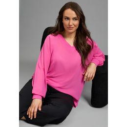 Shirtbluse LAURA SCOTT CURVE, Damen, Gr. 46, fuchsia, Web, Obermaterial: 100% Polyester, unifarben, V-Ausschnitt, Fledermaus&auml;rmel Rippb&uuml;ndchen, Blusen Shirtbluse, mit sportivem Rippenb&uuml;ndchen