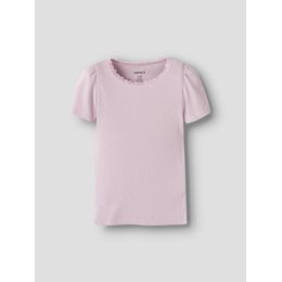 Kurzarmshirt name it "NMFKAB TOP NOOS", M&auml;dchen, Gr. 92, fragrant lila, Jersey, Obermaterial: 57% Baumwolle, 38% Modal, 5% Elasthan, unifarben, regular fit normal, Rundhals, Puff&auml;rmel abgesteppte Kante, Shirts Kurzarmshirt, Baumwollmischung, Spitze, Puff&auml;rmel