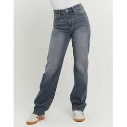 High-waist-Jeans Tally Weijl "SPADEPEPPER", Damen, Gr. 40, N-Gr, indigo, blau grau wash, Denim/Jeans, Obermaterial: 69% Baumwolle, 30% Lyocell, 1% Elasthan, Abriebeffekte, straight fit lang, Jeans High-waist-Jeans, Baumwollmischung, High-Waist mit geradem Beinverlauf