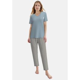 Pyjama Tom Tailor, Damen, Gr. 36, blau, mittel, allover, Single Jersey, Obermaterial: 95% Baumwolle, 5% Elasthan, bequem, V-Ausschnitt, gerader Abschluss, Homewear-Sets Pyjama, Kurzarm, V-Ausschnitt, mit Brusttasche, Baumwollmix