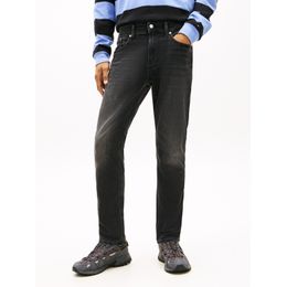 Tapered-fit-Jeans Tommy Jeans "Austim Slim Tapered", Herren, Gr. 34, L&auml;nge 32, schwarz (denim schwarz), Denim/Jeans, Obermaterial: 99% Baumwolle, 1% Elasthan, unifarben, slim fit lang, Jeans Tapered-fit-Jeans, mit Logostickereien