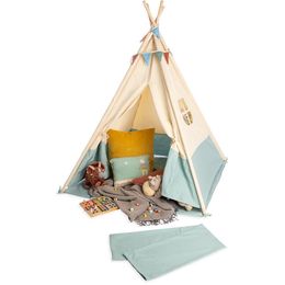 Spielzelt Pinolino "Tipi Yuma", beige (natur, blau), Spielzelte, KinderB:122cm H:155cm T:120cm, Baumwolle, Holz, Polyester, Spielzelt, mit Zeltstangen aus Holz, B:122cm H:155cm T:120cm