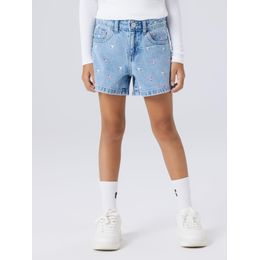 Jeansshorts name it "NKFBELLA REG DNM SHORTS 3674-BE NOOS", Jungen, Gr. 152, N-Gr, light blau denim detail:multi heart, Denim/Jeans, Obermaterial: 100% Baumwolle, Abriebeffekte, bestickt, regular fit kurz, Jeans Jeansshorts, Baumwolle, verstellbarer Bund, bestickte Details