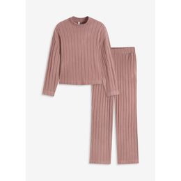 bonprix Weit geschnittener Loungewear Hausanzug aus weicher Rippe, braun, Gr.40/42 (M), Moderner oversized Loungewear Hausanzug mit Stehkragen, weiten &Auml;rmeln und weiter Hose sowie seitlichen Eingriffstaschen, aus Rippware,Viskose