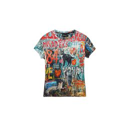 Desigual T-Shirt 'Cats' Damen Gr&ouml;&szlig;e S cyanblau / orangerot / dunkelrot / schwarz