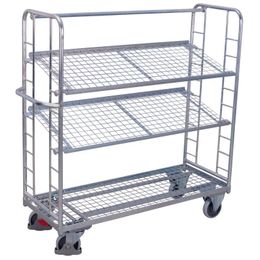 VARIOfit Etagenwagen mit 3 Drahtgitterb&ouml;den verzinkt 250 kg Traglast Typ M + EasySTOP - Enzianblau