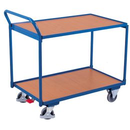 VARIOfit Tischwagen 250 kg mit 2 Ladefl&auml;chen hoher Schiebeb&uuml;gel Typ M + EasySTOP - Enzianblau