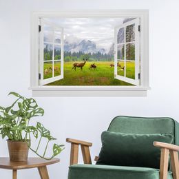 Bilderwelten Wandtattoo Tiere modern 3D-Effekt Wandaufkleber - Offenes Fenster Rehe in den Bergen - Berg Wohnzimmer Schlafzimmer