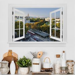 Bilderwelten Wandtattoo Stadt modern 3D-Effekt Wandaufkleber - Offenes Fenster Blick &uuml;ber Wien - Skylines Wohnzimmer Schlafzimmer