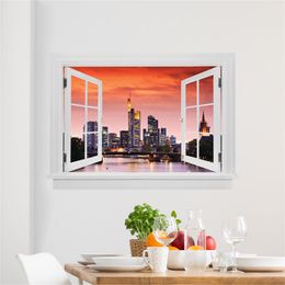 Bilderwelten Wandtattoo Stadt modern 3D-Effekt Wandaufkleber - Offenes Fenster Frankfurt Skyline - Skylines Wohnzimmer Schlafzimmer