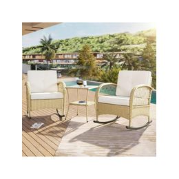 ABRIHOME Rattan Schaukelstuhl-Set mit 2 St&uuml;hlen und Glas-Tisch in Beige | Gr.: onesize