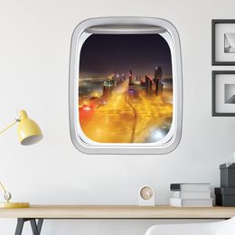 Bilderwelten Wandtattoo Stadt modern 3D-Effekt Wandaufkleber - Fenster Flugzeug Dubai bei Nacht im Nebel - Skylines Wohnzimmer Schlafzimmer