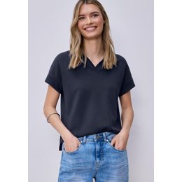 T-Shirt Street One, Damen, Gr. 36, shadowed navy, Stoff, 48% Polyester, 48% Viskose, 4% Elasthan, unifarben, comfort fit normal, hoch geschlossener Ausschnitt, abgesteppt, Shirts T-Shirt, mit Ripp-Details
