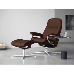 Relaxsessel stressless "Consul", braun (malt braun batick), B:91cm H:102cm T:79cm, Leder BATICK: BATICK ist ein leicht korrigiertes, durchgef&auml;rbtes und genarbtes M&ouml;belleder, bei dem die meisten Unebenheiten und Spuren in der Regel entfernt wurden., Sessel, Relaxsessel, mit Cross Base, Gr&ouml;&szlig;e S, M & L, Holzakzent Braun