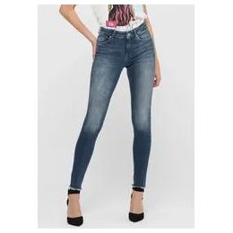 Ankle-Jeans Only "ONLBLUSH MID SK ANK RW REA422 NOOS", Damen, Gr. XS (34), L&auml;nge 32, blau (graublau), Denim/Jeans, Obermaterial: 92% Baumwolle, 6% Elastomultiester, 2% Elasthan, Abriebeffekte, skinny fit kn&ouml;chelfrei, Jeans, mit Fransensaum