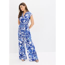 bonprix Jersey-Jumpsuit, blau, Gr.36/38 (S), floral bedruckter Jersey-Jumpsuit mit weitem Bein und Drapierung vorne in der Taille die sich durch Bindeb&auml;nder individuell binden l&auml;sst