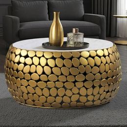 Pharao24.de Salontisch Designercouchtisch in Goldfarben mit Marmorplatte
