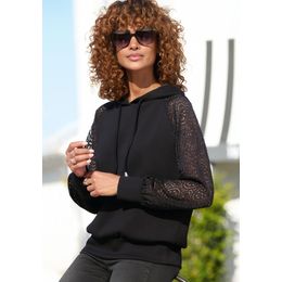 Kapuzensweatshirt Lascana, Damen, Gr. 32/34, schwarz, Stoff, Obermaterial: 50% Viskose, 44% Polyester, 6% Elasthan. &Auml;rmel: 95% Polyester, 5% Elasthan, unifarben, figurumspielend h&uuml;ftlang, Rundhals, Raglan&auml;rmel angesetztes B&uuml;ndchen, Sweatshirts Kapuzensweatshirt, mit &Auml;rmeln aus elastischer Spitze, Topseller