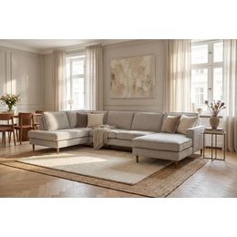 Wohnlandschaft Home Affaire "Pinto Skandi, 350 cm, U-Form, XXL, mit Ottomanen", silber grau, B:349cm H:89cm T:206cm, 100% Polyester, Sofas, Wohnlandschaft, mit Keder, Massivholzf&uuml;&szlig;e Eiche ger&auml;uchert, Wellenunterfederung