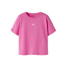 T-Shirt name it "NMFVICTORIA SS NREG TOP", M&auml;dchen, Gr. 110, strawberry moon detail:butterfly embroidery, Jersey, Obermaterial: 100% Baumwolle, unifarben, Basic normal, Rundhals, Shirts T-Shirt