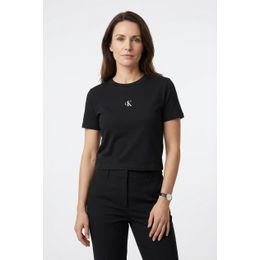 T-Shirt Calvin Klein Jeans "LOGO CROPPED TEE", Damen, Gr. XL (44), schwarz, Web, Obermaterial: 95% Baumwolle, 5% Elasthan, unifarben, regular fit kurz, Rundhals, eingesetzt abgesteppte Kante, Shirts T-Shirt, Boxy fit mit Rundhalsausschnitt, mit Logoschriftzug
