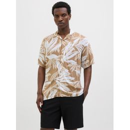 Jack & Jones Kurzarmhemd JACK & JONES "JJEJEFF TROPICAL AOP RESORT SHIRT SS SN", Herren, Gr. S, N-Gr, braun (coriander), Web, Obermaterial: 100% Viskose, bedruckt, relaxed fit taillenbedeckt, ohne Ausschnitt, Hemden Kurzarmhemd, mit All-Over Print