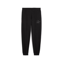 Trainingshose Puma "ESS SCRIPT COMFORT SWEATPANTS TR CL", Damen, Gr. M, N-Gr, schwarz (Puma schwarz), Sweatware, Obermaterial: 68% Baumwolle, 32% Polyester, bedruckt, comfort fit normal, Hosen Trainingshose, sportlicher Stil, f&uuml;r Training und Freizeit, aus French Terry