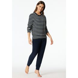 Schlafanzug Schiesser "Casual Essentials", Damen, Gr. 38, blau (nachtblau), Frottee, Obermaterial: 80% Baumwolle, 20% Polyester, bequem lang, Rundhals, Homewear-Sets Schlafanzug, w&auml;rmende Frottee-Qualit&auml;t, Rundhalsausschnitt, lang&auml;rmelig