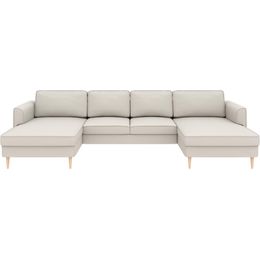 Wohnlandschaft Home Affaire "Booster, whlw. mit Schlaffunktion & Bettkasten, Fu&szlig; Buche lackiert", grau (sandgrau), B:305cm H:83cm T:161cm, 100% Polyester, Sofas, Wohnlandschaft, Sofa in U-Form, Breite 305 cm, in Cord oder Struktur