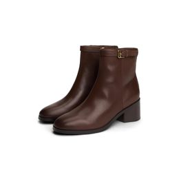 Stiefelette Tommy Hilfiger "TH BUCKLE RIDING MID HEEL BOOTIE", Damen, Gr. 41, braun (dunkelbraun), Leder, Schuhe Stiefelette, Blockabsatz, Businesschuh in schmaler Form