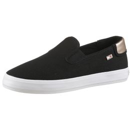Slip-On Sneaker Tommy Hilfiger "VULC CANVAS SLIP-ON SNEAKER", Damen, Gr. 36, gold (schwarz, goldfarben), Baumwolle, unifarben mit Farbeinsatz, Schuhe Slip-On Sneaker, Plateau, Freizeitschuh, Halbschuh mit Kontrastbesatz, schmale Form