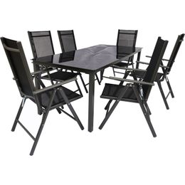 Garten-Essgruppe Vcm "7 tlg. Alu Glas Tisch Gartenset Sitzgruppe 189SW", schwarz (anthrazit), B:189cm T:90cm, Obermaterial: 100% Metall MT., Sitzm&ouml;bel-Sets, Garten-Essgruppe
